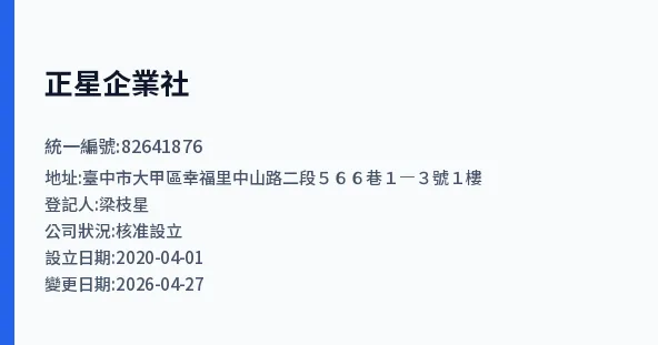 正星企業社的照片-統編 82641876(臺中市) 公司登記資料與營業項目詳細圖表