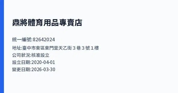 鼎將體育用品專賣店的照片-統編 82642024(臺中市) 公司登記資料與營業項目詳細圖表