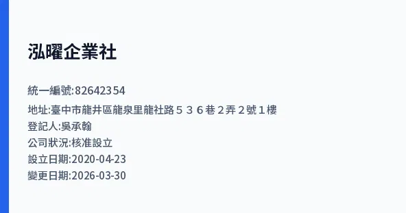 泓曜企業社的照片-統編 82642354(臺中市) 公司登記資料與營業項目詳細圖表