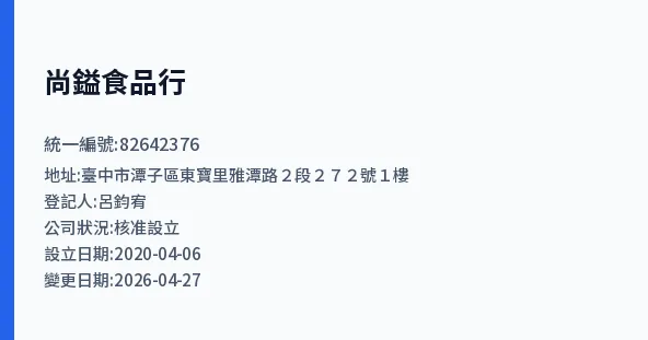 尚鎰食品行的照片-統編 82642376(臺中市) 公司登記資料與營業項目詳細圖表