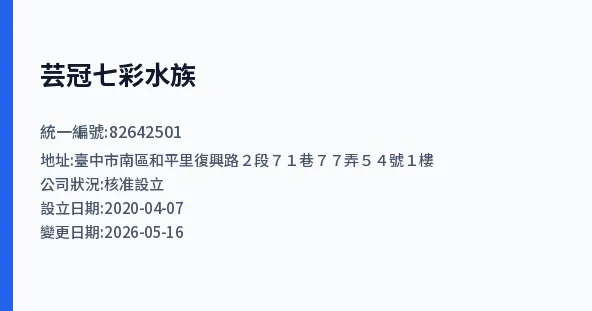 芸冠七彩水族的照片-統編 82642501(臺中市) 公司登記資料與營業項目詳細圖表