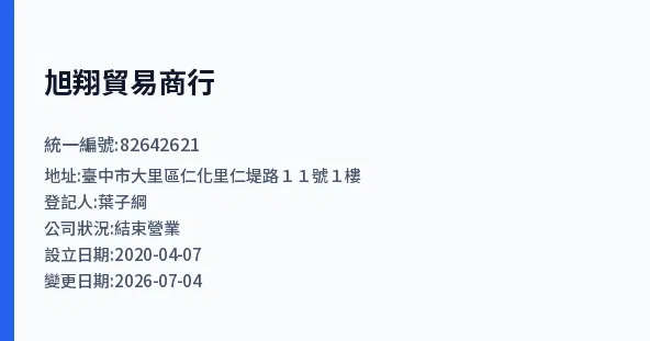 旭翔貿易商行的照片-統編 82642621(臺中市) 公司登記資料與營業項目詳細圖表