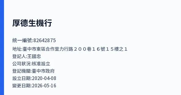 厚德生機行的照片-統編 82642875(臺中市) 公司登記資料與營業項目詳細圖表