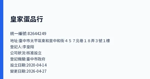 皇家蛋品行的照片-統編 82644249(臺中市) 公司登記資料與營業項目詳細圖表