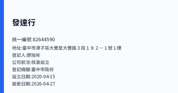 發達行的照片-統編 82644590(臺中市) 公司登記資料與營業項目詳細圖表