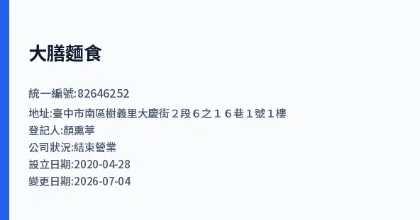 大膳麵食的照片-統編 82646252(臺中市) 公司登記資料與營業項目詳細圖表