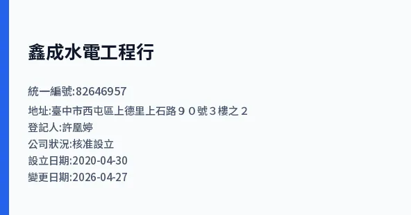 鑫成水電工程行的照片-統編 82646957(臺中市) 公司登記資料與營業項目詳細圖表