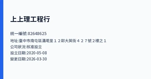 上上理工程行的照片-統編 82648625(臺中市) 公司登記資料與營業項目詳細圖表