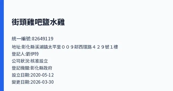 街頭雞吧鹽水雞的照片-統編 82649119(彰化縣) 公司登記資料與營業項目詳細圖表