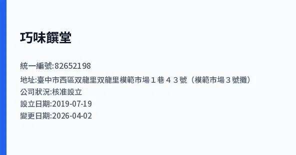 巧味饌堂的照片-統編 82652198(臺中市) 公司登記資料與營業項目詳細圖表