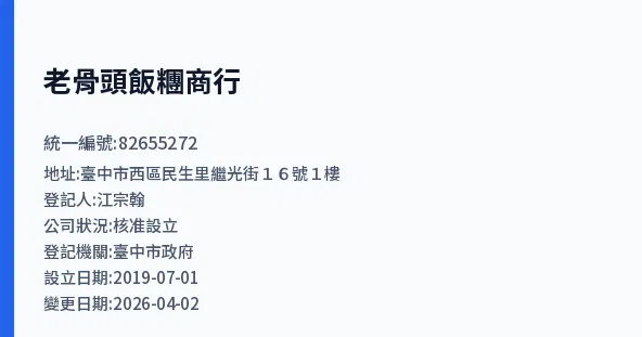老骨頭飯糰商行的照片-統編 82655272(臺中市) 公司登記資料與營業項目詳細圖表