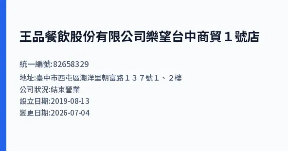 王品餐飲股份有限公司樂望台中商貿1號店的照片-統編 82658329(臺中市) 公司登記資料與營業項目詳細圖表