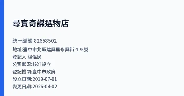 尋寶奇謀選物店的照片-統編 82658502(臺中市) 公司登記資料與營業項目詳細圖表