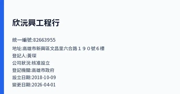 欣沅興工程行的照片-統編 82663955(高雄市) 公司登記資料與營業項目詳細圖表