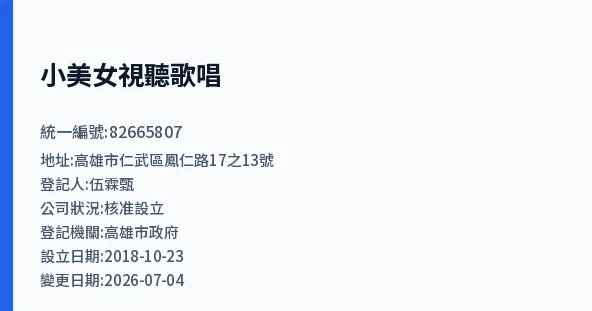 小美女視聽歌唱的照片-統編 82665807(高雄市) 公司登記資料與營業項目詳細圖表