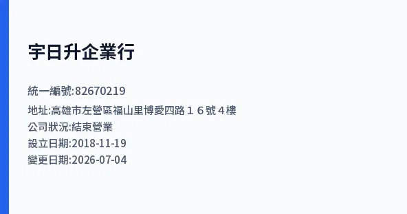 宇日升企業行的照片-統編 82670219(高雄市) 公司登記資料與營業項目詳細圖表