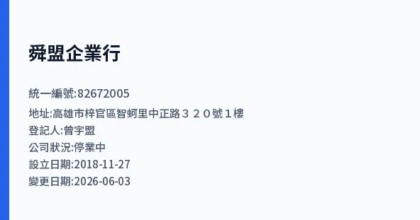 舜盟企業行的照片-統編 82672005(高雄市) 公司登記資料與營業項目詳細圖表