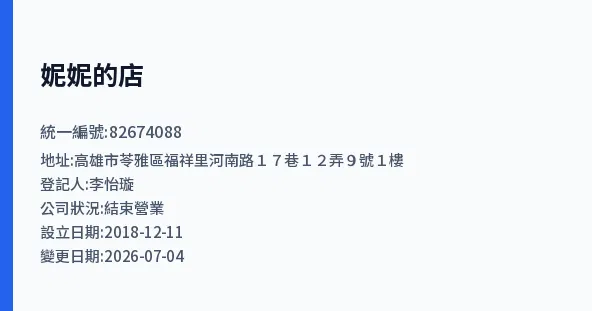 妮妮的店的照片-統編 82674088(高雄市) 公司登記資料與營業項目詳細圖表