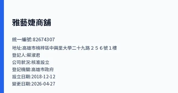 雅藝婕商舖的照片-統編 82674307(高雄市) 公司登記資料與營業項目詳細圖表