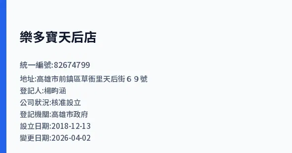 樂多寶天后店的照片-統編 82674799(高雄市) 公司登記資料與營業項目詳細圖表