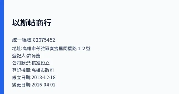 以斯帖商行的照片-統編 82675452(高雄市) 公司登記資料與營業項目詳細圖表