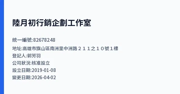陸月初行銷企劃工作室的照片-統編 82678248(高雄市) 公司登記資料與營業項目詳細圖表