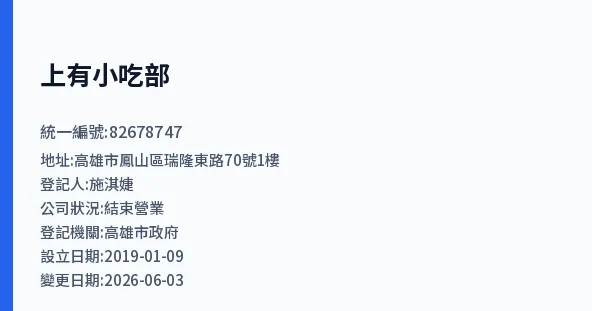 上有小吃部的照片-統編 82678747(高雄市) 公司登記資料與營業項目詳細圖表