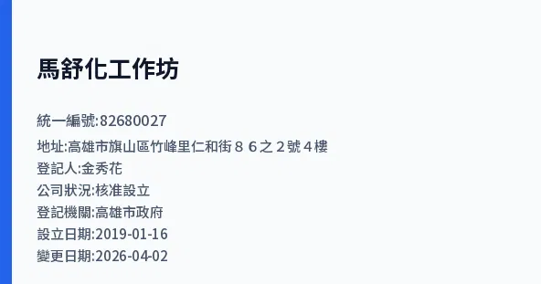 馬舒化工作坊的照片-統編 82680027(高雄市) 公司登記資料與營業項目詳細圖表