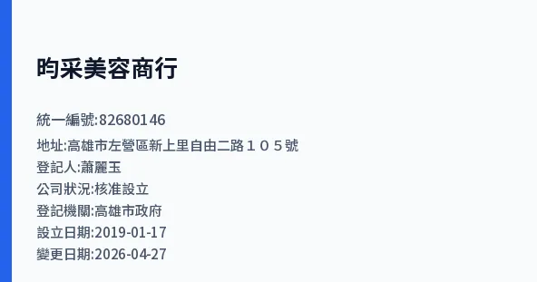 昀采美容商行的照片-統編 82680146(高雄市) 公司登記資料與營業項目詳細圖表
