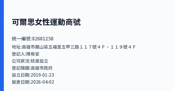 可爾思女性運動商號的照片-統編 82681258(高雄市) 公司登記資料與營業項目詳細圖表
