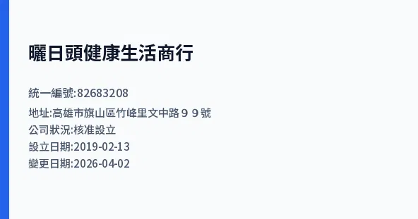 曬日頭健康生活商行的照片-統編 82683208(高雄市) 公司登記資料與營業項目詳細圖表