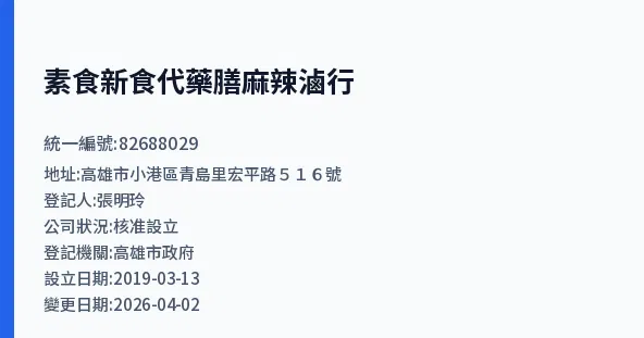 素食新食代藥膳麻辣滷行的照片-統編 82688029(高雄市) 公司登記資料與營業項目詳細圖表