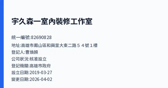 宇久森一室內裝修工作室的照片-統編 82690828(高雄市) 公司登記資料與營業項目詳細圖表