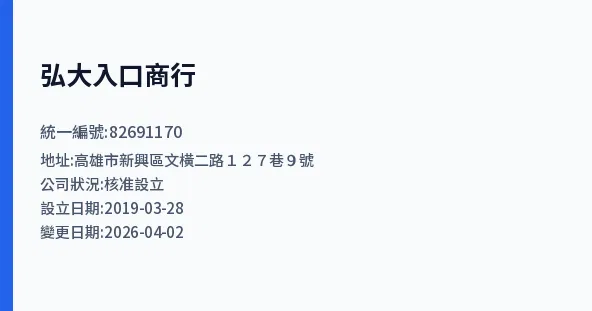 弘大入口商行的照片-統編 82691170(高雄市) 公司登記資料與營業項目詳細圖表