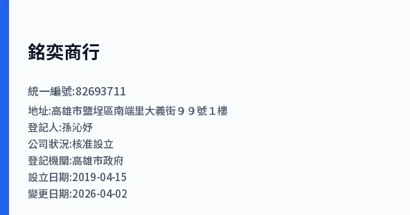 銘奕商行的照片-統編 82693711(高雄市) 公司登記資料與營業項目詳細圖表
