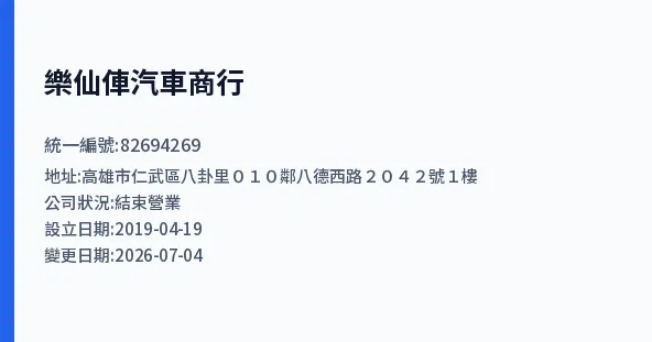 樂仙俥汽車商行的照片-統編 82694269(高雄市) 公司登記資料與營業項目詳細圖表