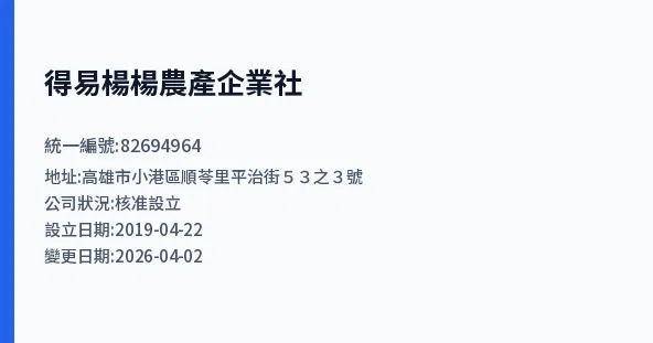 得易楊楊農產企業社的照片-統編 82694964(高雄市) 公司登記資料與營業項目詳細圖表