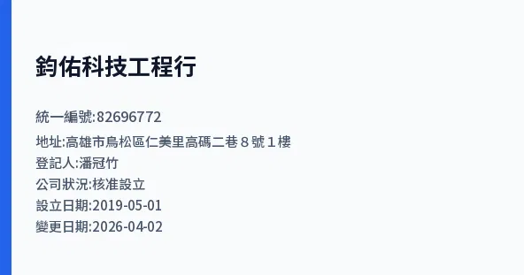 鈞佑科技工程行的照片-統編 82696772(高雄市) 公司登記資料與營業項目詳細圖表