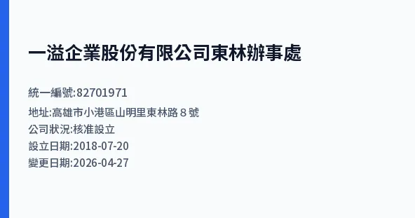 一溢企業股份有限公司東林辦事處的照片-統編 82701971(高雄市) 公司登記資料與營業項目詳細圖表