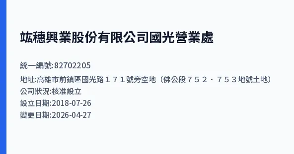 竑穗興業股份有限公司國光營業處的照片-統編 82702205(高雄市) 公司登記資料與營業項目詳細圖表