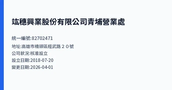 竑穗興業股份有限公司青埔營業處的照片-統編 82702471(高雄市) 公司登記資料與營業項目詳細圖表