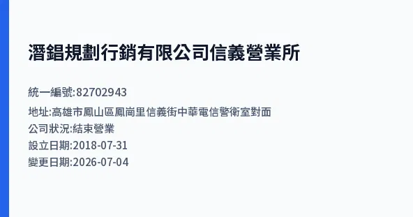 潛錩規劃行銷有限公司信義營業所的照片-統編 82702943(高雄市) 公司登記資料與營業項目詳細圖表