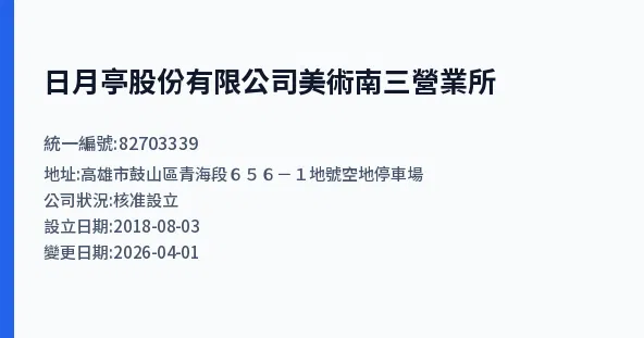 日月亭股份有限公司美術南三營業所的照片-統編 82703339(高雄市) 公司登記資料與營業項目詳細圖表