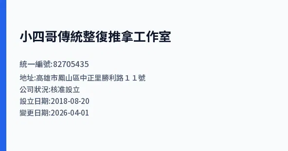 小四哥傳統整復推拿工作室的照片-統編 82705435(高雄市) 公司登記資料與營業項目詳細圖表