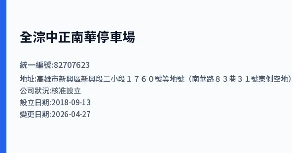 全淙中正南華停車場的照片-統編 82707623(高雄市) 公司登記資料與營業項目詳細圖表