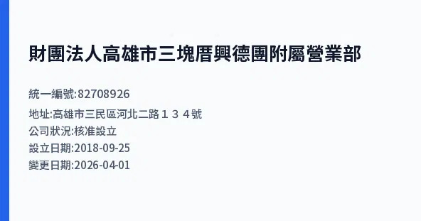 財團法人高雄市三塊厝興德團附屬營業部的照片-統編 82708926(高雄市) 公司登記資料與營業項目詳細圖表