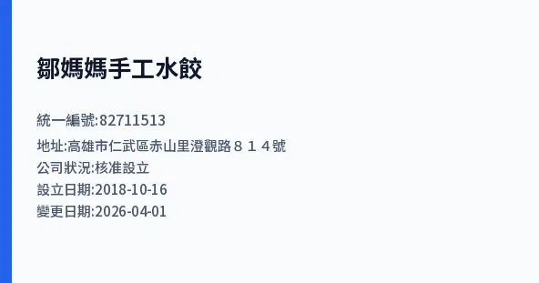 鄒媽媽手工水餃的照片-統編 82711513(高雄市) 公司登記資料與營業項目詳細圖表