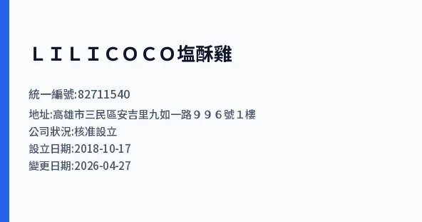 LILI CO CO塩酥雞的照片-統編 82711540(高雄市) 公司登記資料與營業項目詳細圖表