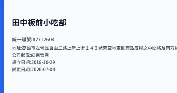 田中板前小吃部的照片-統編 82712604(高雄市) 公司登記資料與營業項目詳細圖表