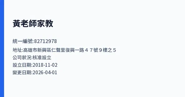 黃老師家教的照片-統編 82712978(高雄市) 公司登記資料與營業項目詳細圖表